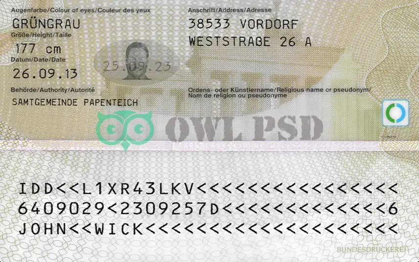 Owl PSD High Quality Fake Template Germany ID Card Template 2010